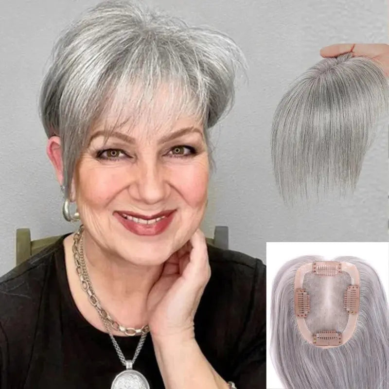 7*10cm Grey Natural Hair Topper for Women Cover and Add Hair Volume fo ...